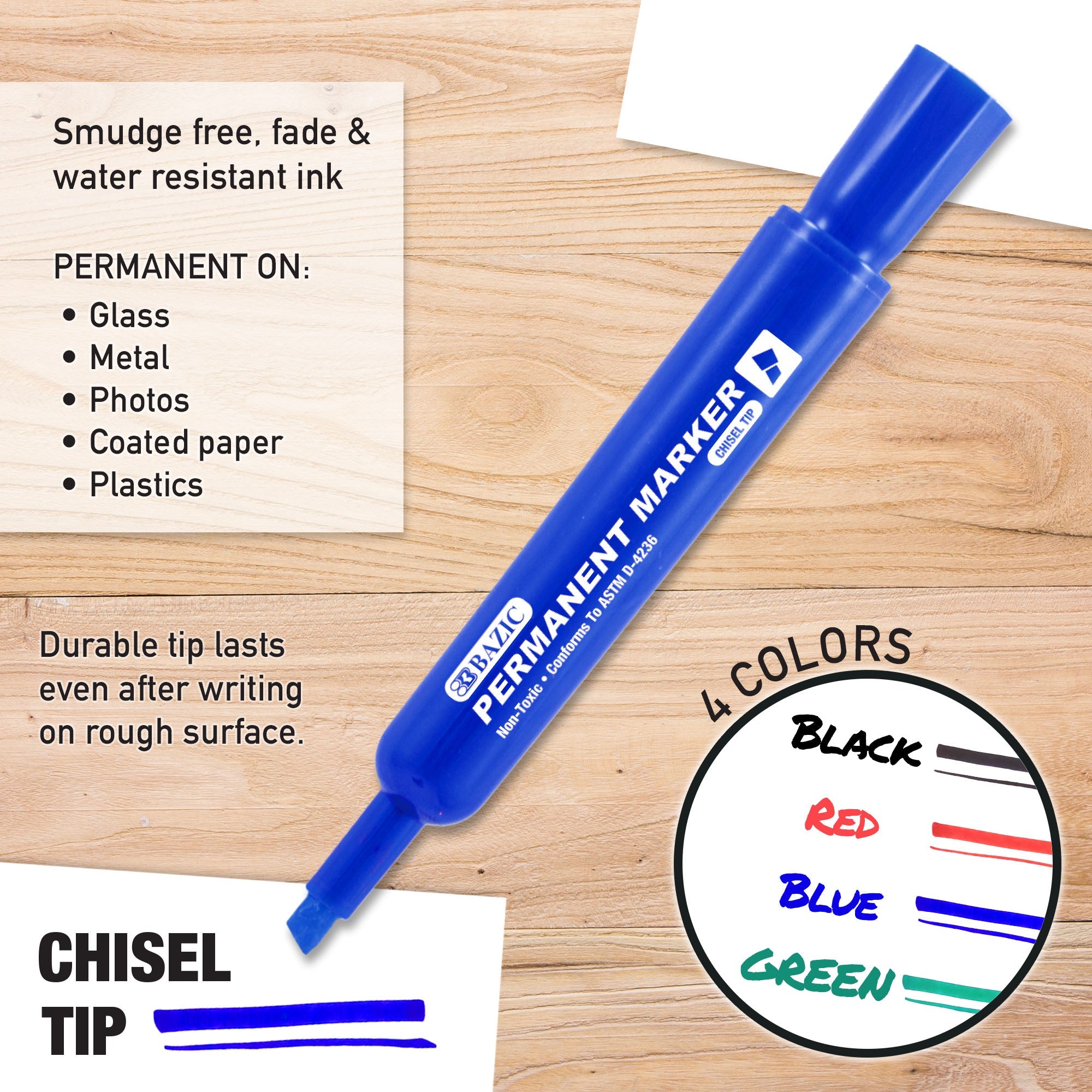 BAZIC Assorted Colors Chisel Tip Desk Style Permanent Markers (4/Pack ...