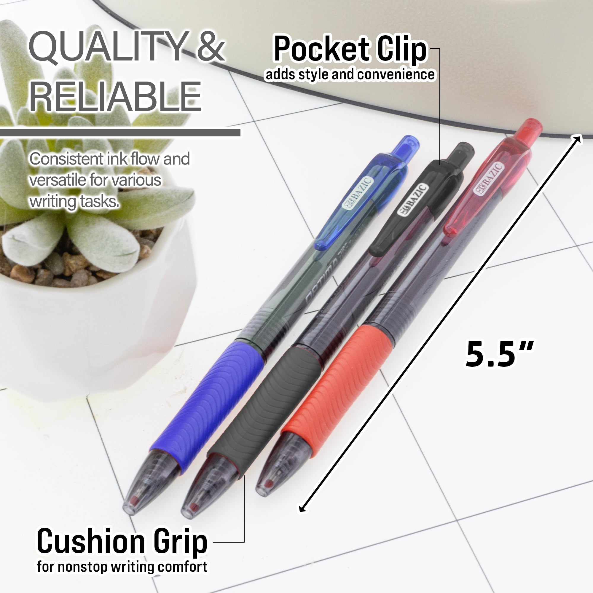 BAZIC Optima Assorted Color FUSE Tech Ink Retractable Pen w/ Grip (3 ...